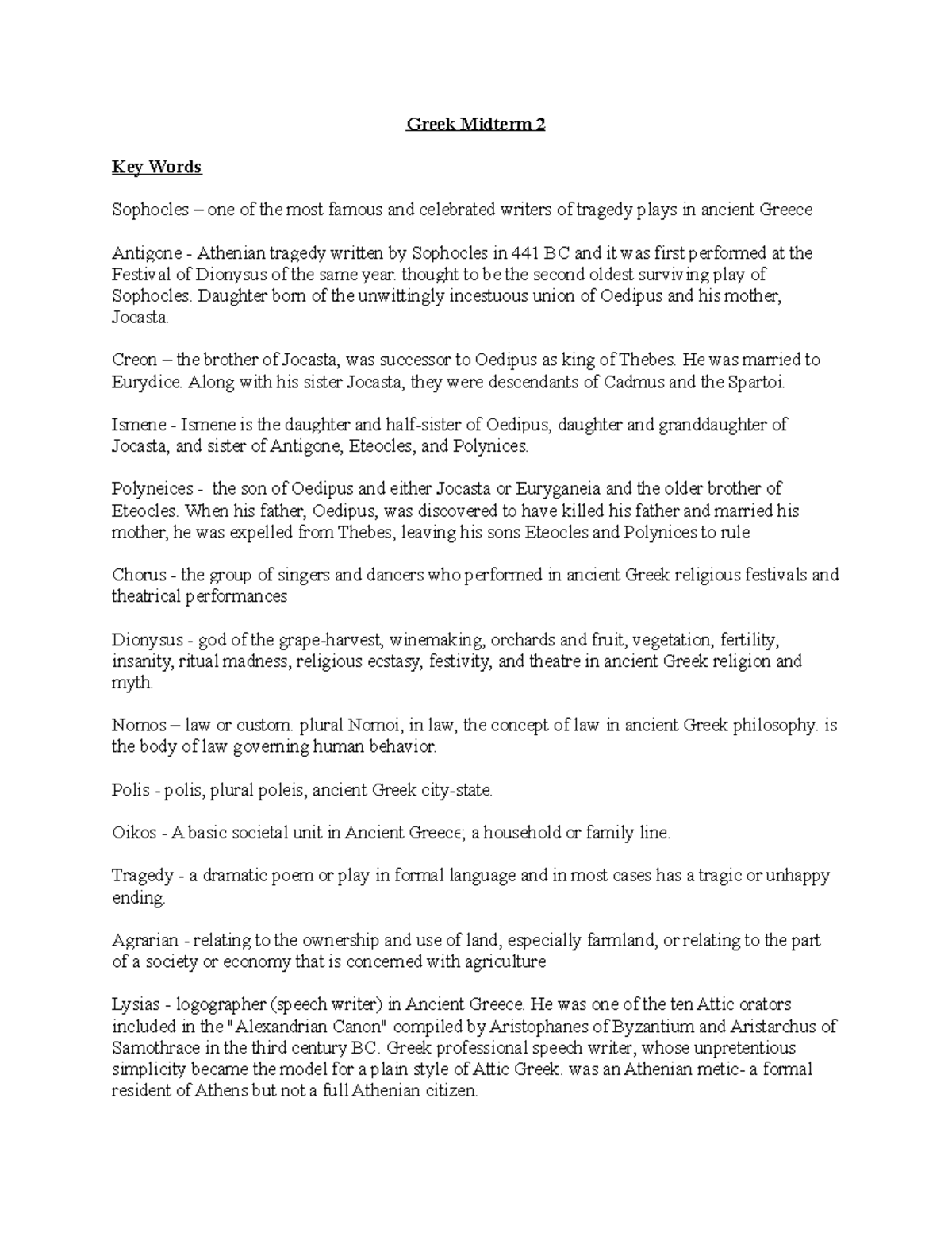 Greek Midterm 2 - study guide - Greek Midterm 2 Key Words Sophocles ...