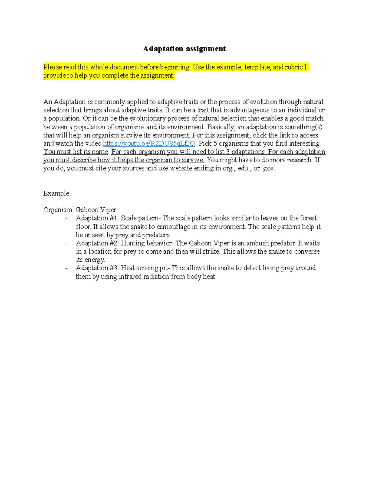 Adaptation Assignment Adaptation Assignment Please Read This Whole Document Before Beginning