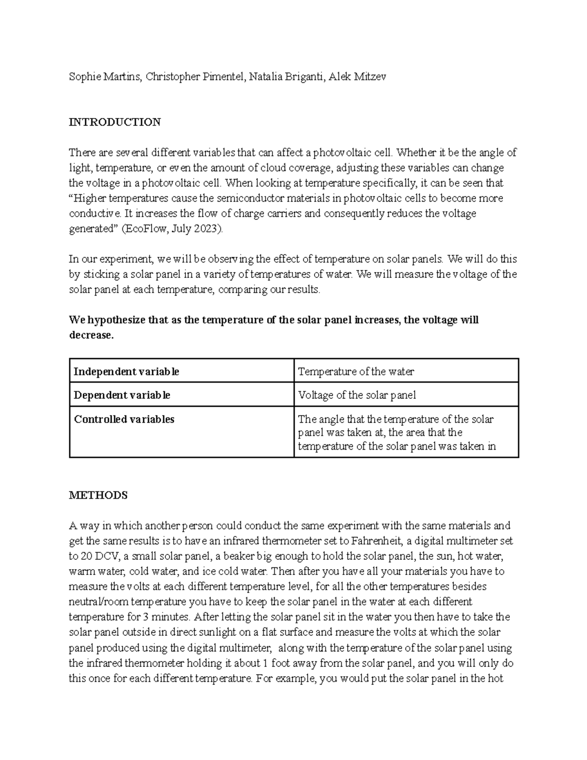 Photovoltaic Cells Lab - Sophie Martins, Christopher Pimentel, Natalia ...