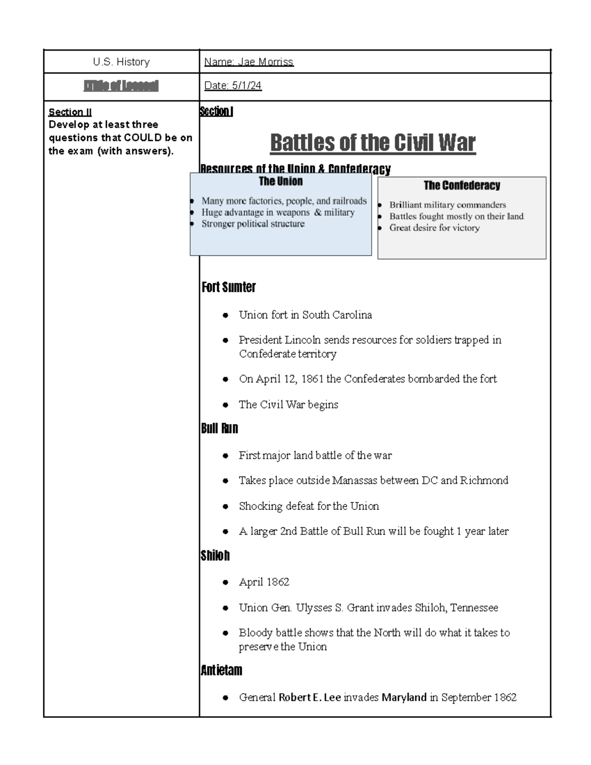 Jae Morriss - Cornell Notes (Civil War Battles) - U. History Name: Jae ...