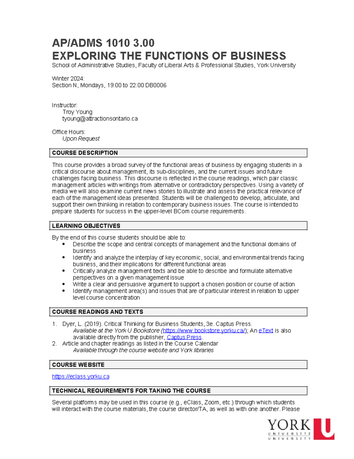 Course Outline - Summary Exploring the Functions of Business - AP/ADMS 1010 3. EXPLORING THE ...