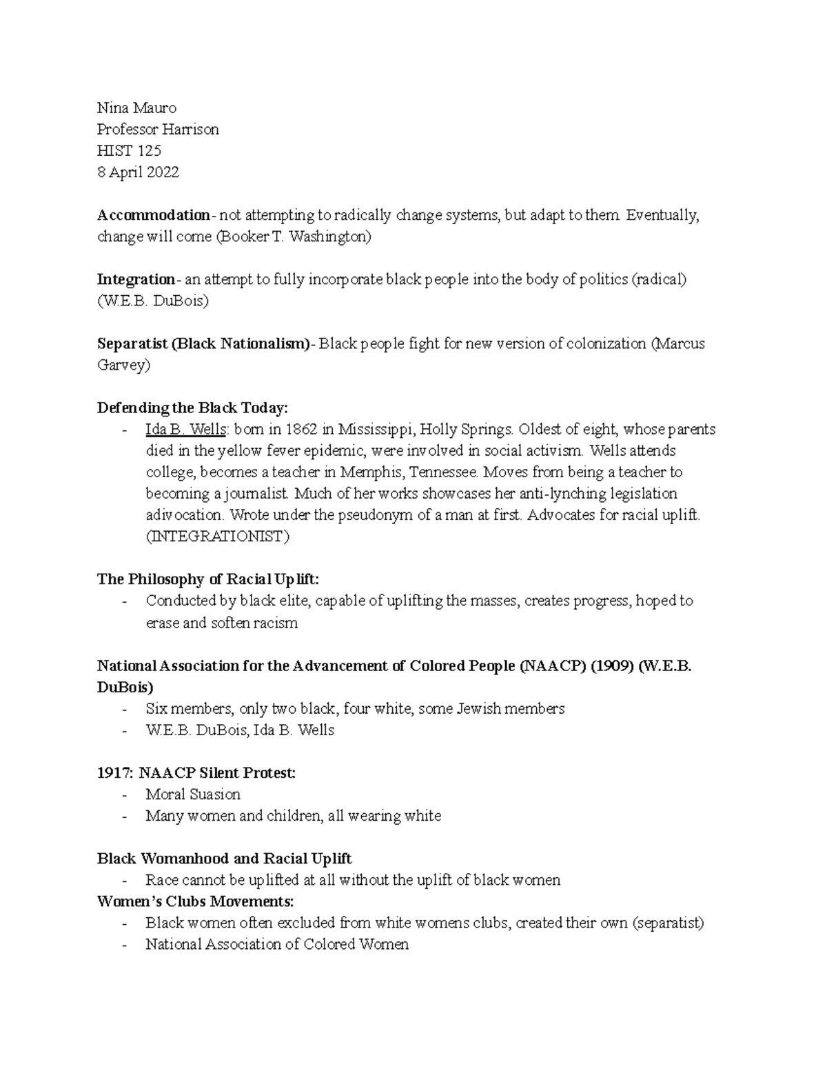 African American History Notes - Nina Mauro Professor Harrison HIST 125 ...