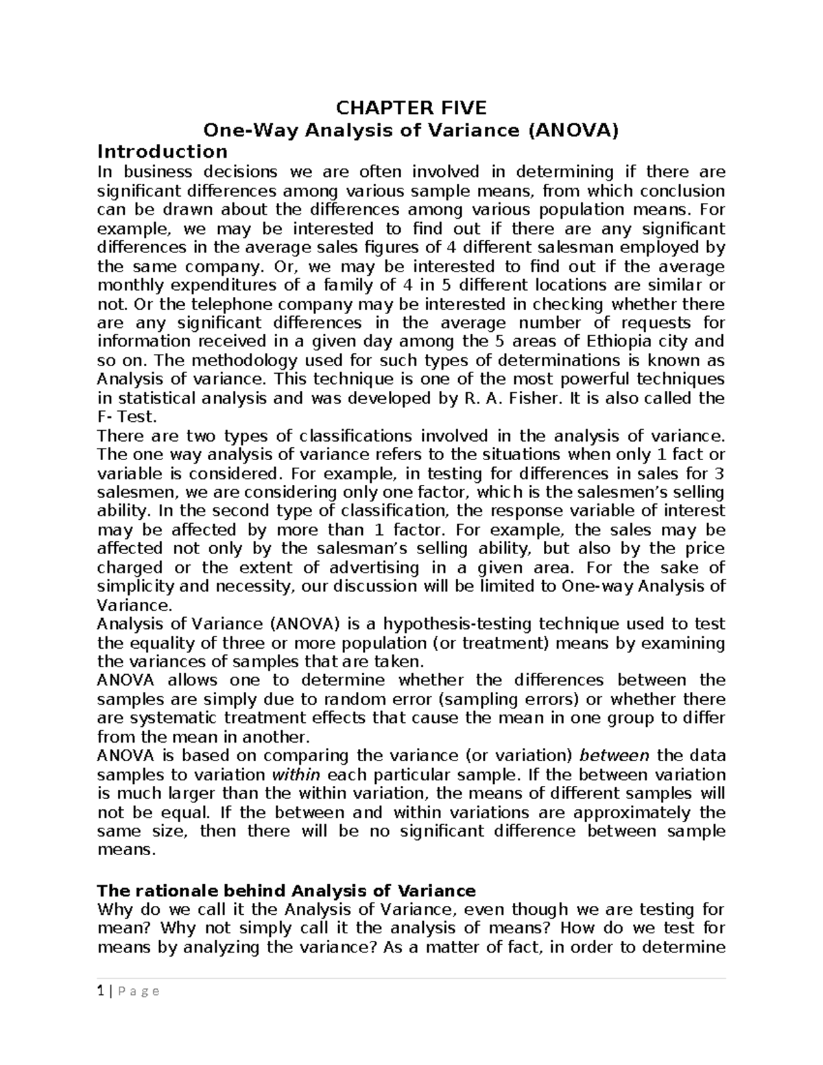 CH V Anova - CHAPTER FIVE One-Way Analysis of Variance (ANOVA ...