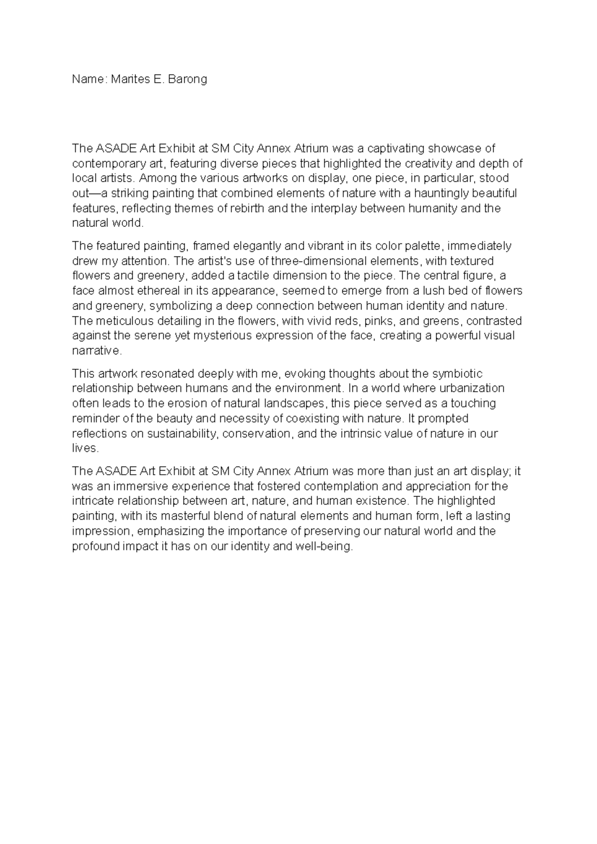 Reflection on arts - arts appreciation - Name: Marites E. Barong The ...