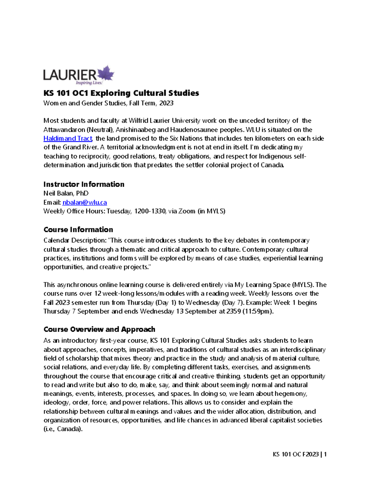 KS 101 OC1 NB F23 - syllabus - KS 101 OC1 Exploring Cultural Studies Women and Gender Studies ...