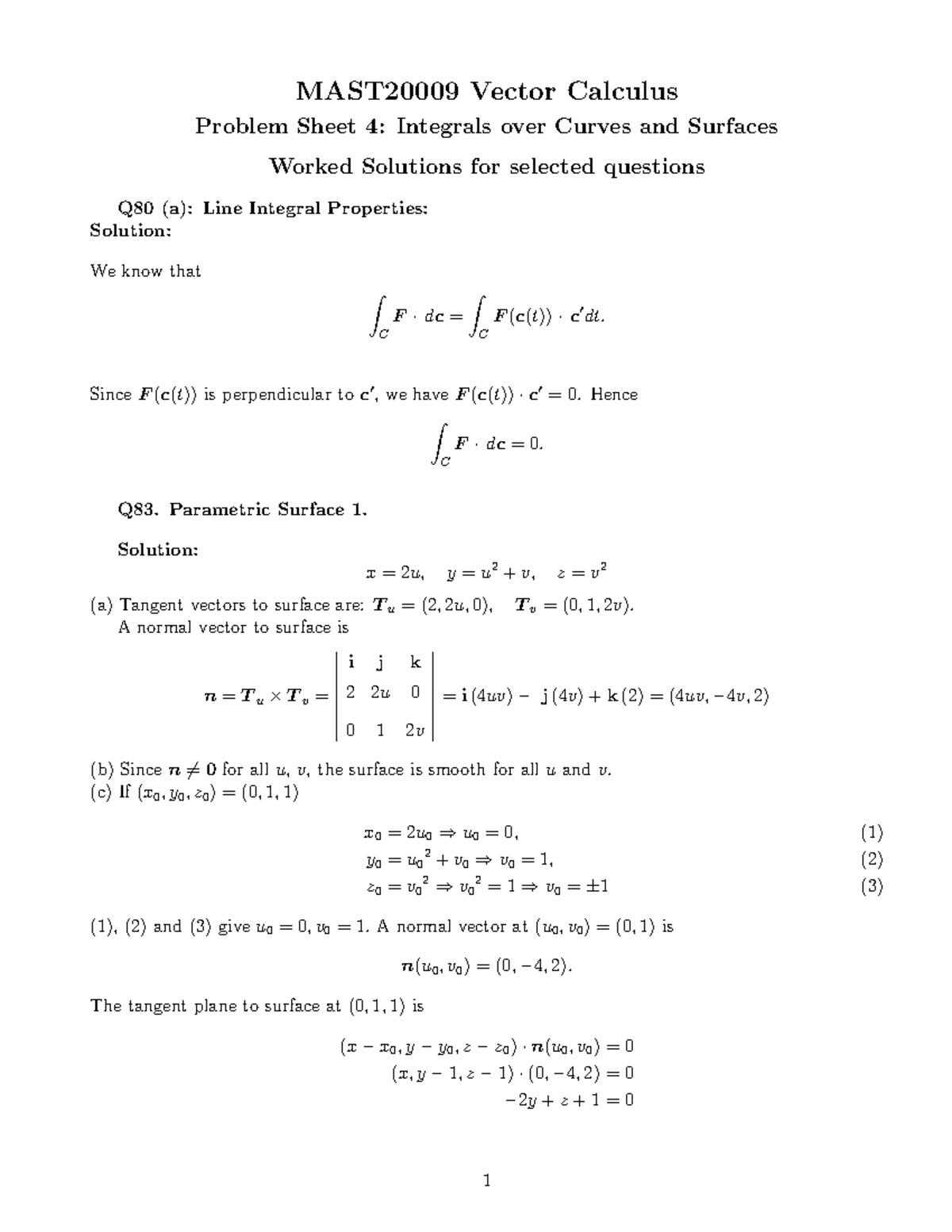 Worked Solutions 4.2 2024S2 - MAST20009 Vector Calculus Problem Sheet 4: Integrals over Curves ...