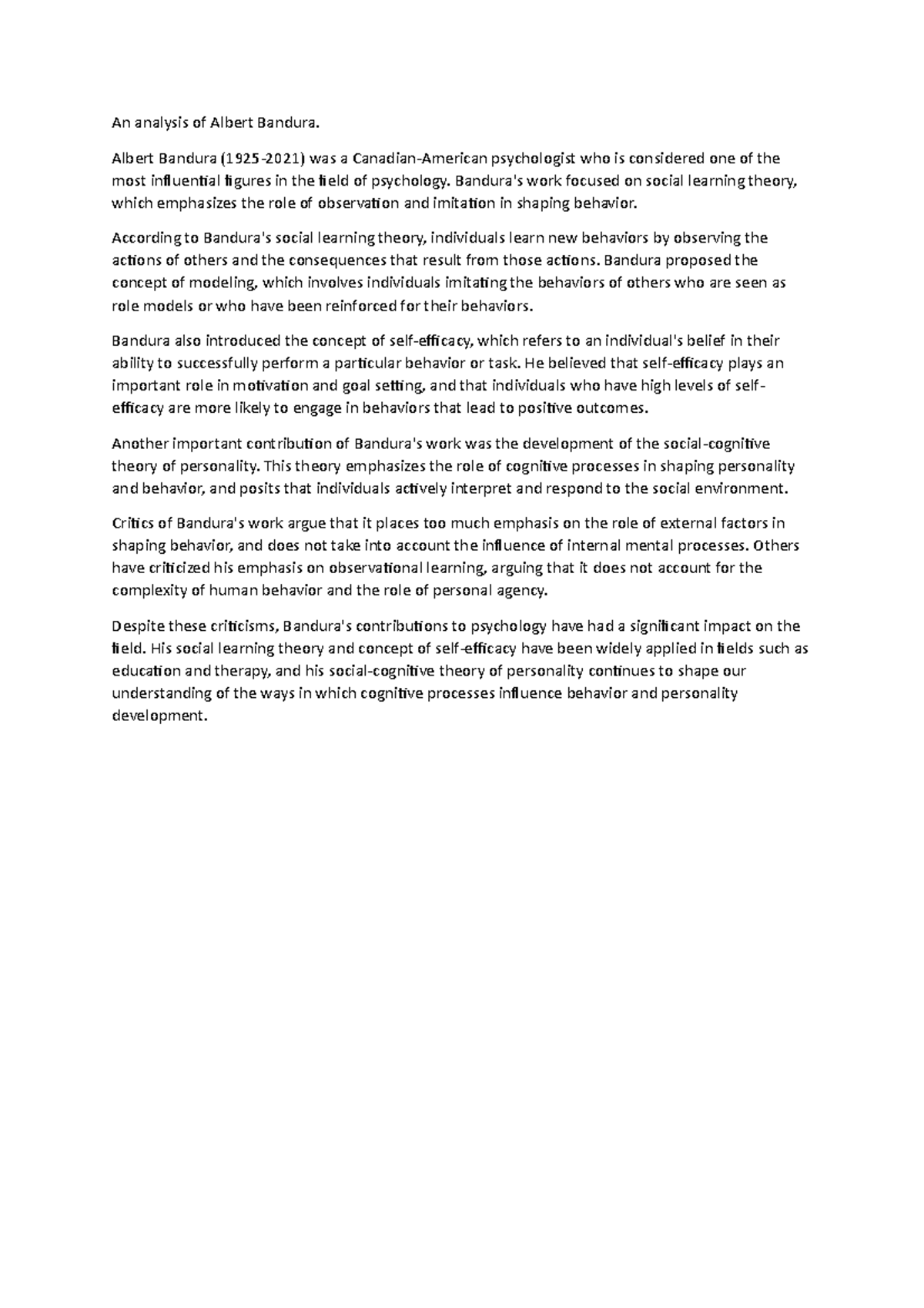 An analysis of Albert Bandura - Albert Bandura (1925-2021) was a ...