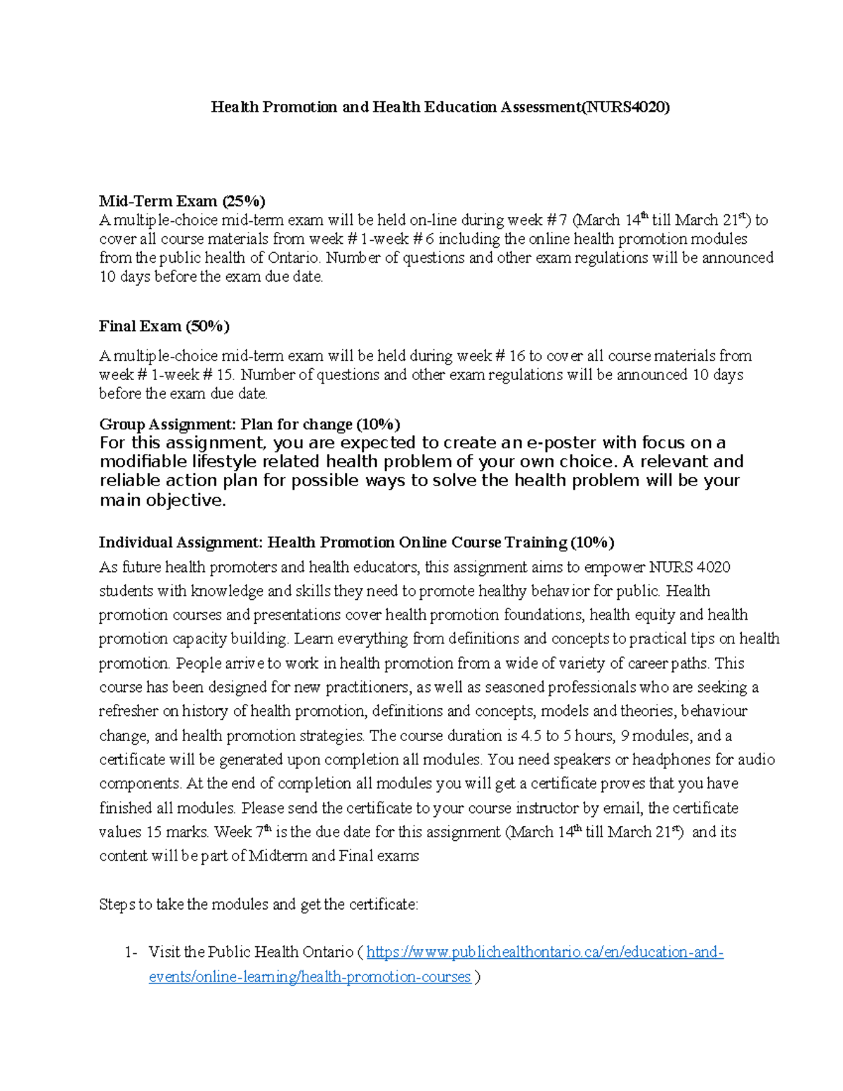 Assignments revised Feb 12- instructions and rubric NURS 4020 - Health ...