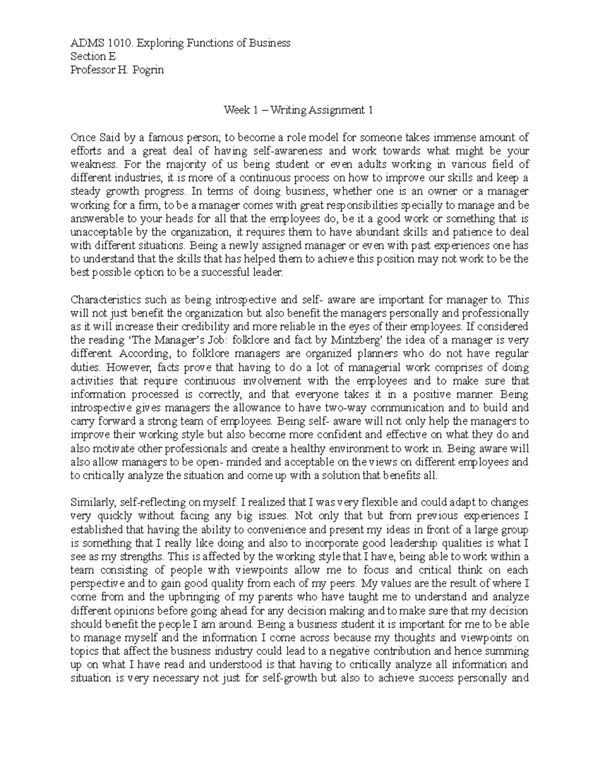 ADMS 1010 - week 1 assignments - ADMS 1010. Exploring Functions of Business Section E Professor ...