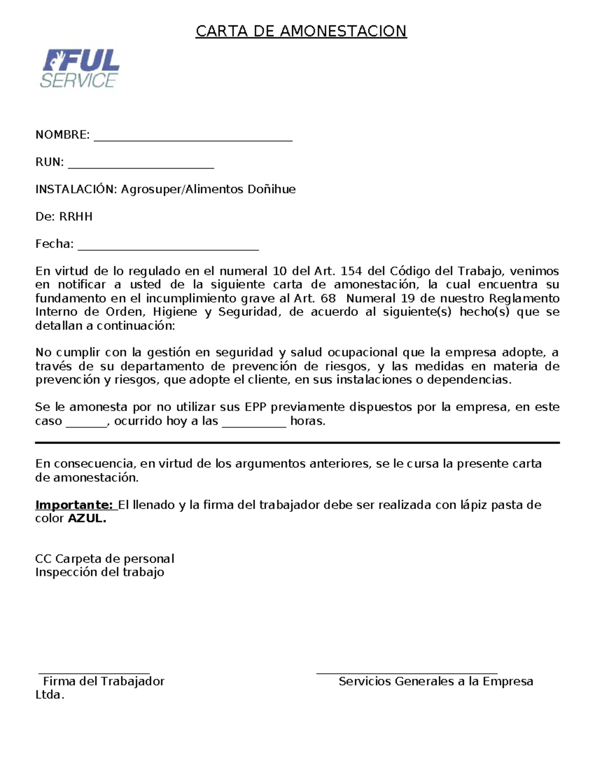 Amonestación NO USO EPP Prevención - CARTA DE AMONESTACION NOMBRE ...