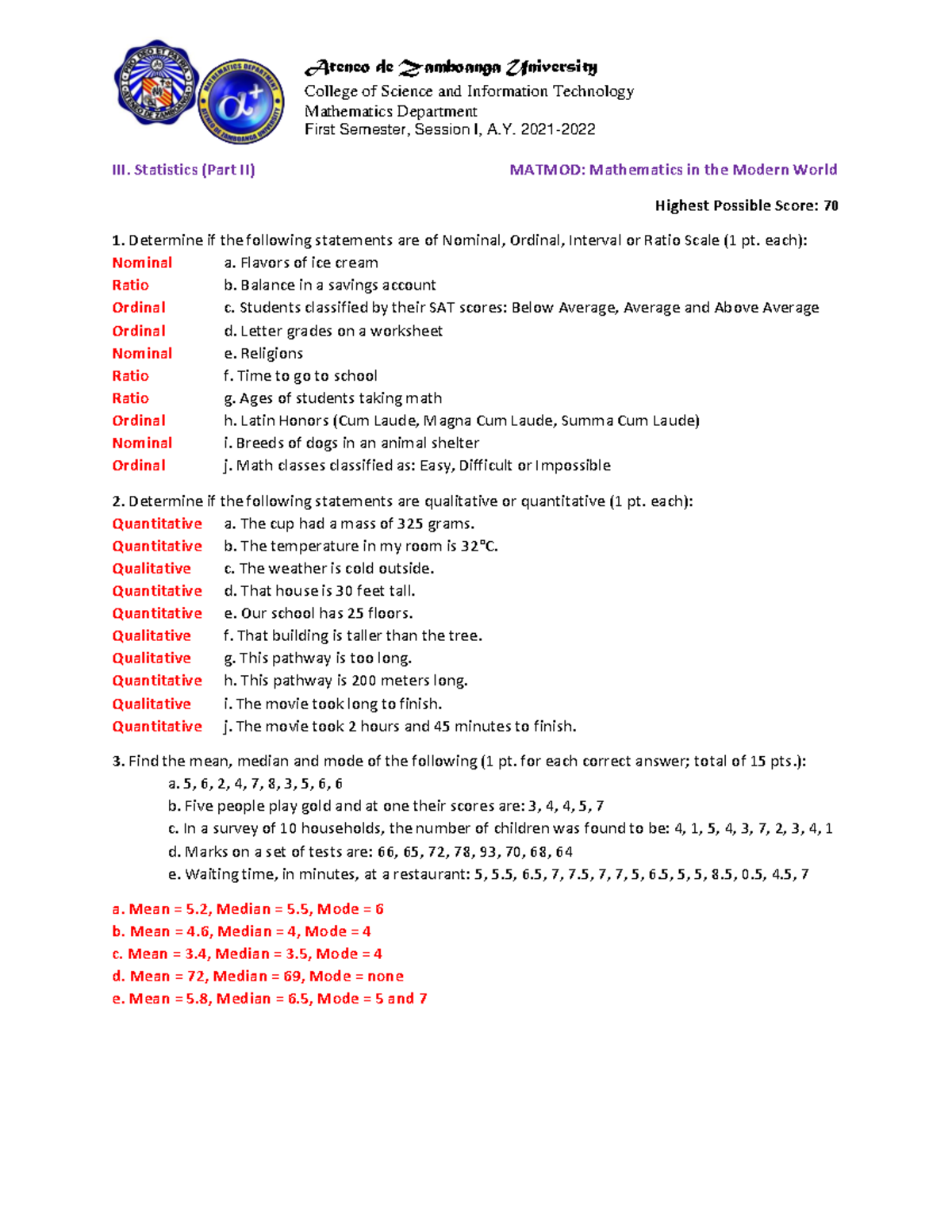 Statistics Worksheet Part 1 - Ateneo de Zamboanga University College of ...