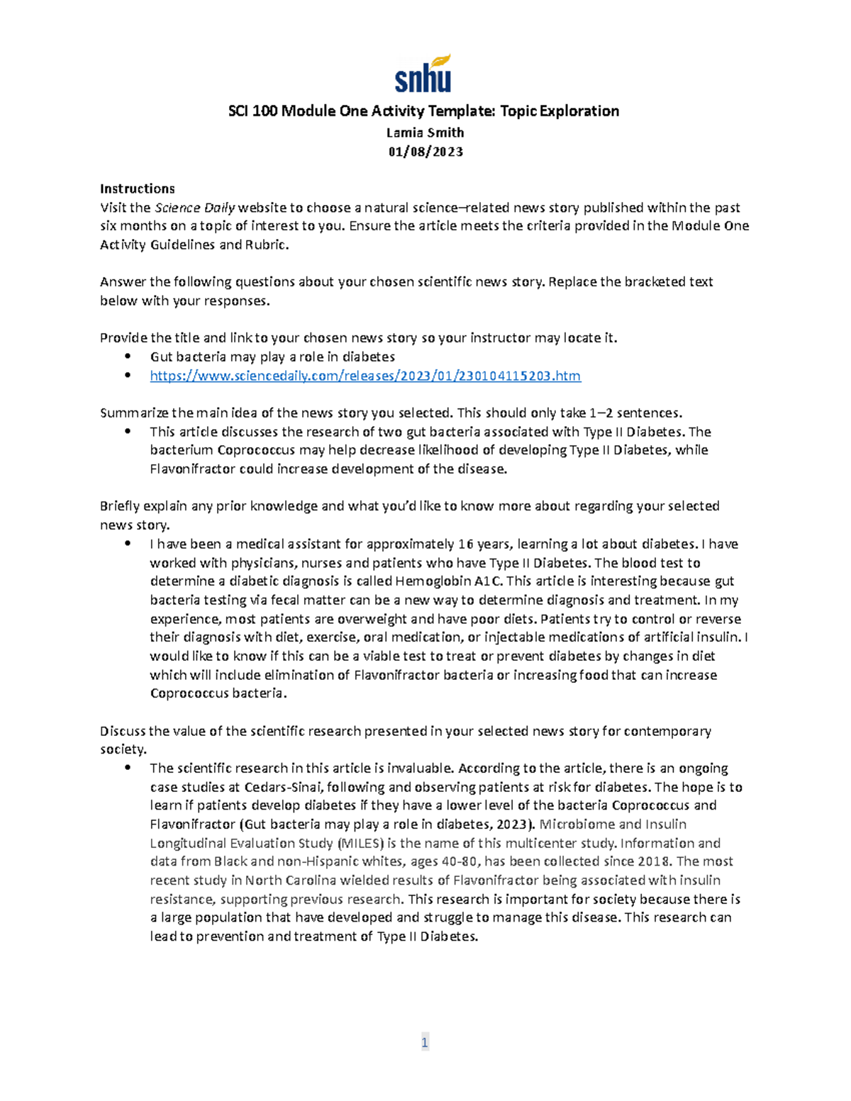 SCI 100 Module One Activity Lamia Smith - SCI 100 Module One Activity ...