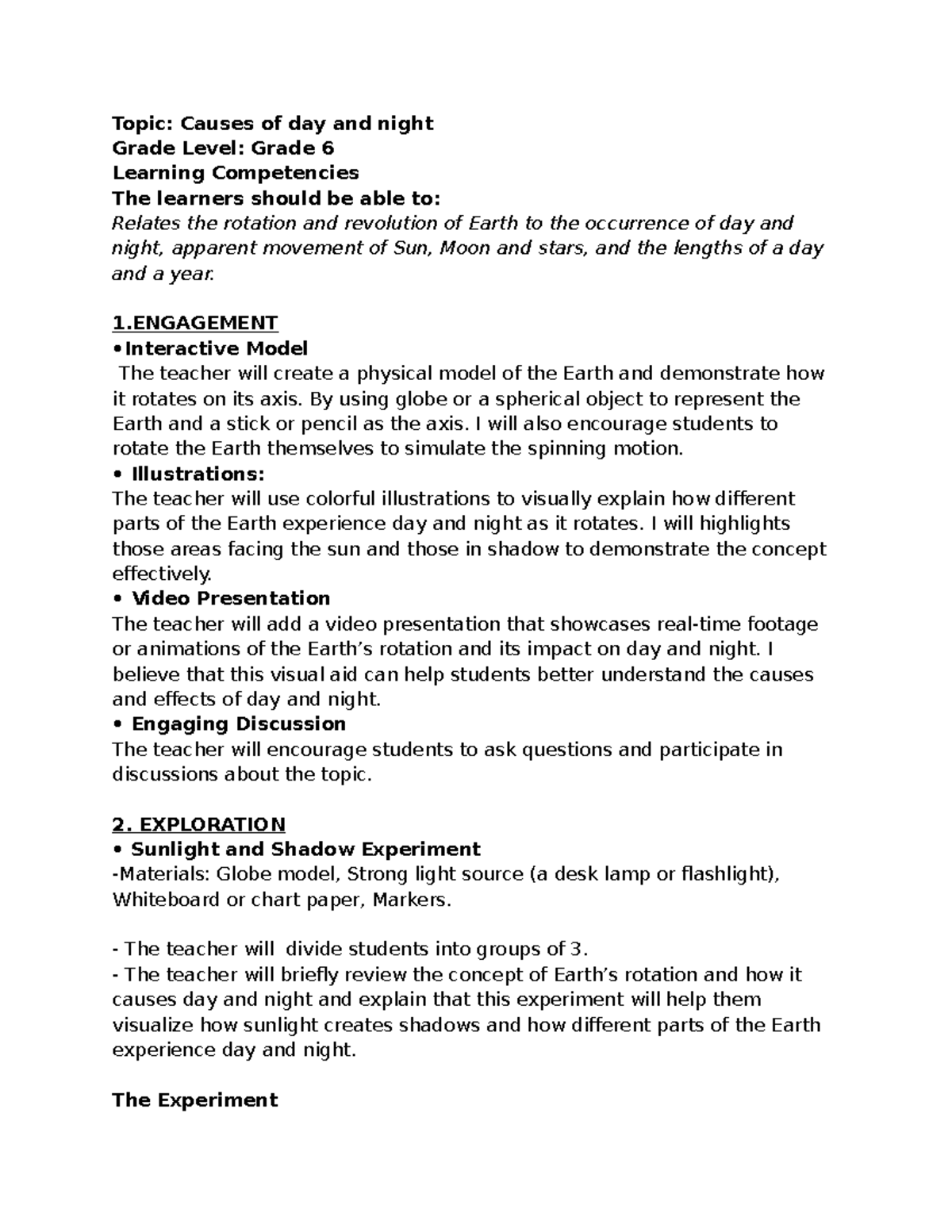 5E Model - It is needed - Topic: Causes of day and night Grade Level ...