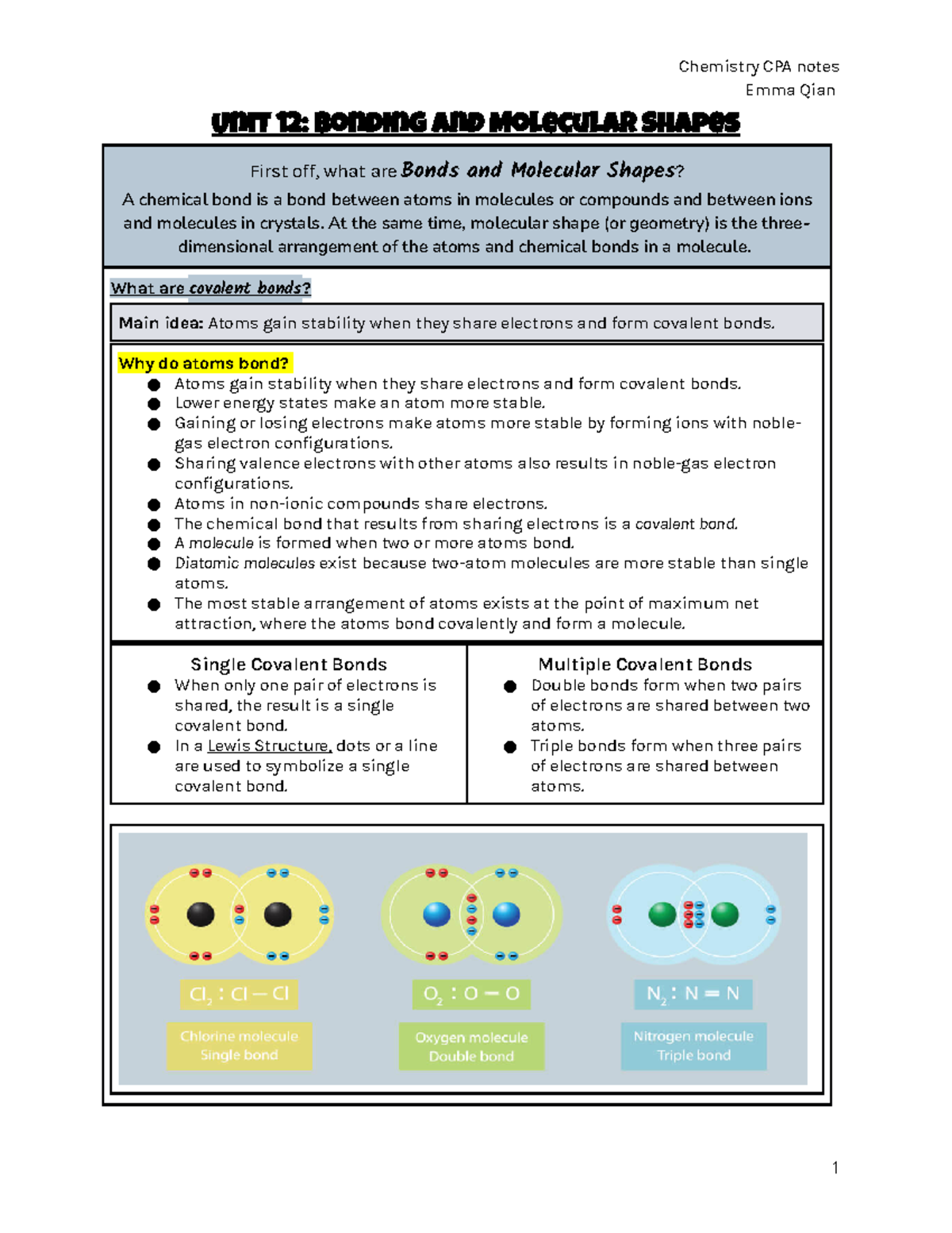 Chemistry CPA unit 12 notes - Emma Qian Unit 12 : Bonding and Molecular ...