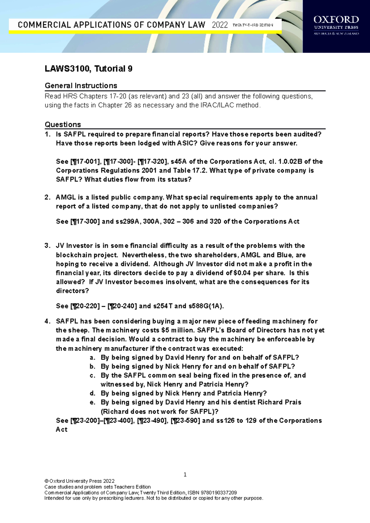 LAWS3100 2022 Tutorial 9 - LAWS3100, Tutorial 9 General Instructions ...