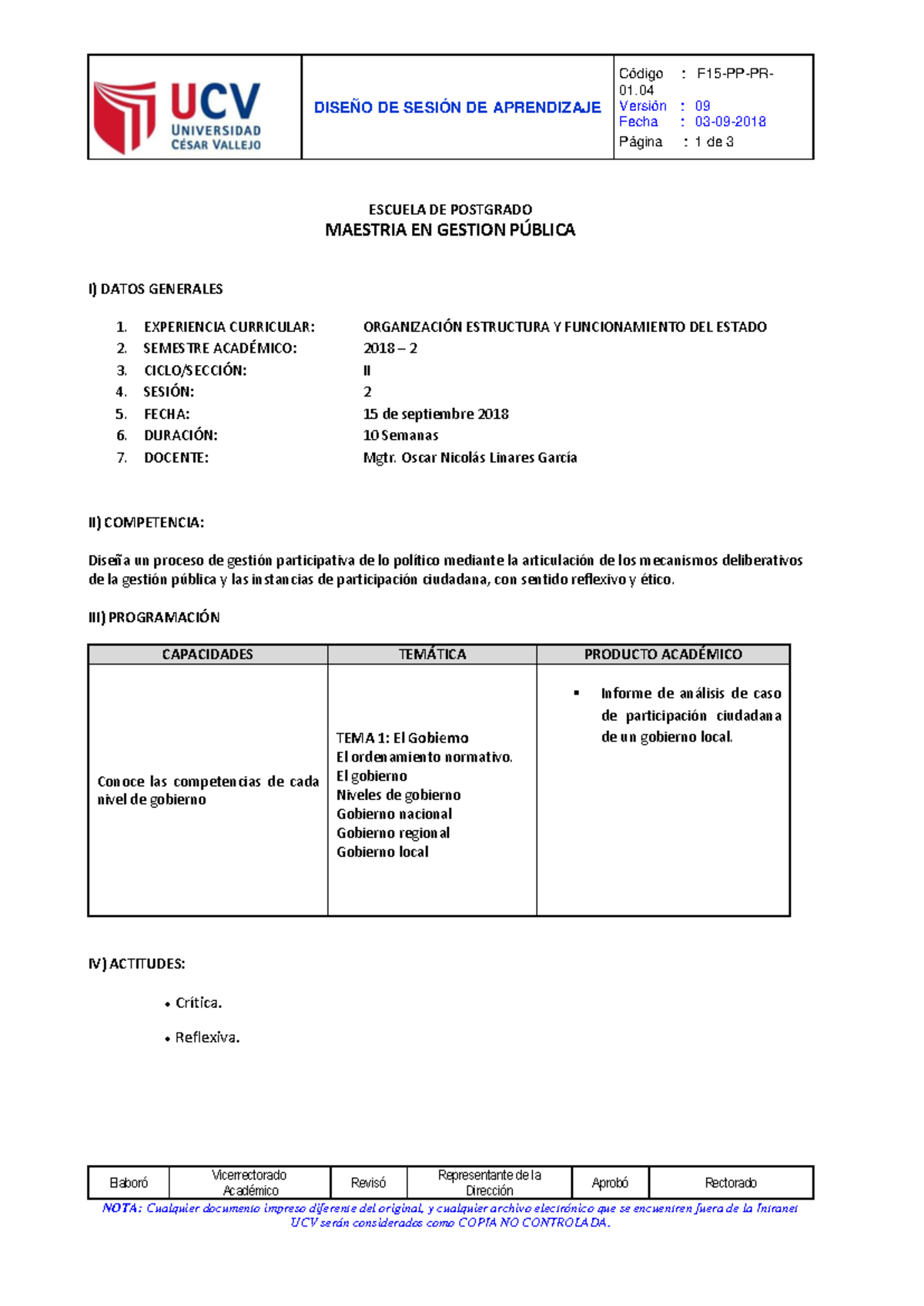 Diseno DE Sesion DE Aprendizaje - DISEÑO DE SESIÓN DE APRENDIZAJE Código : F15-PP-PR- 01 ...