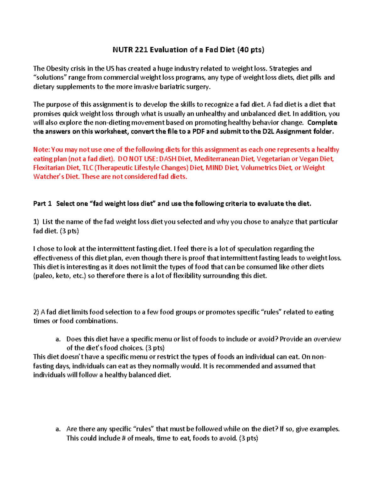 Assignment 3 Evaluation of a Fad diet - NUTR 221 Evaluation of a Fad ...