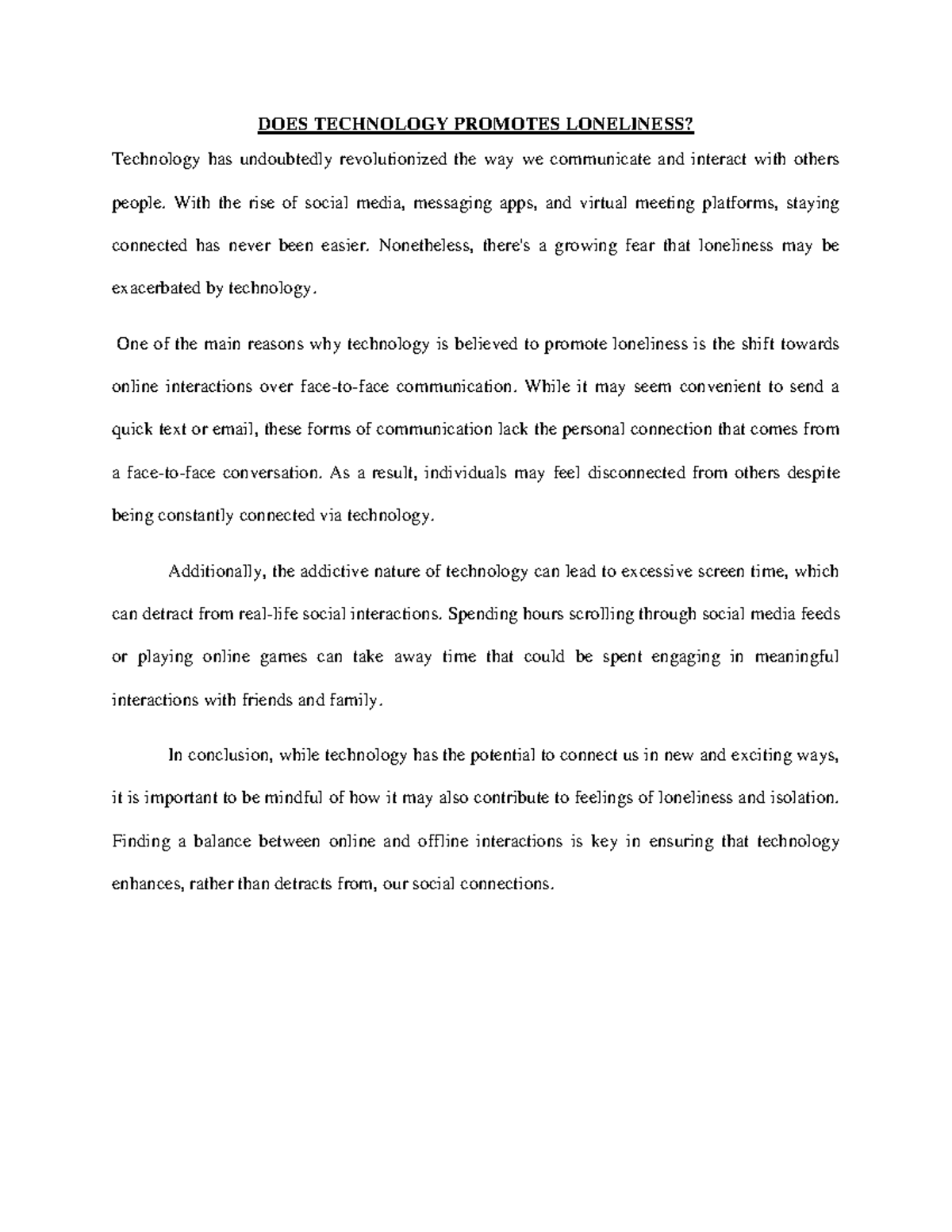 ESSAY LCC11 FOR REVISION - DOES TECHNOLOGY PROMOTES LONELINESS ...