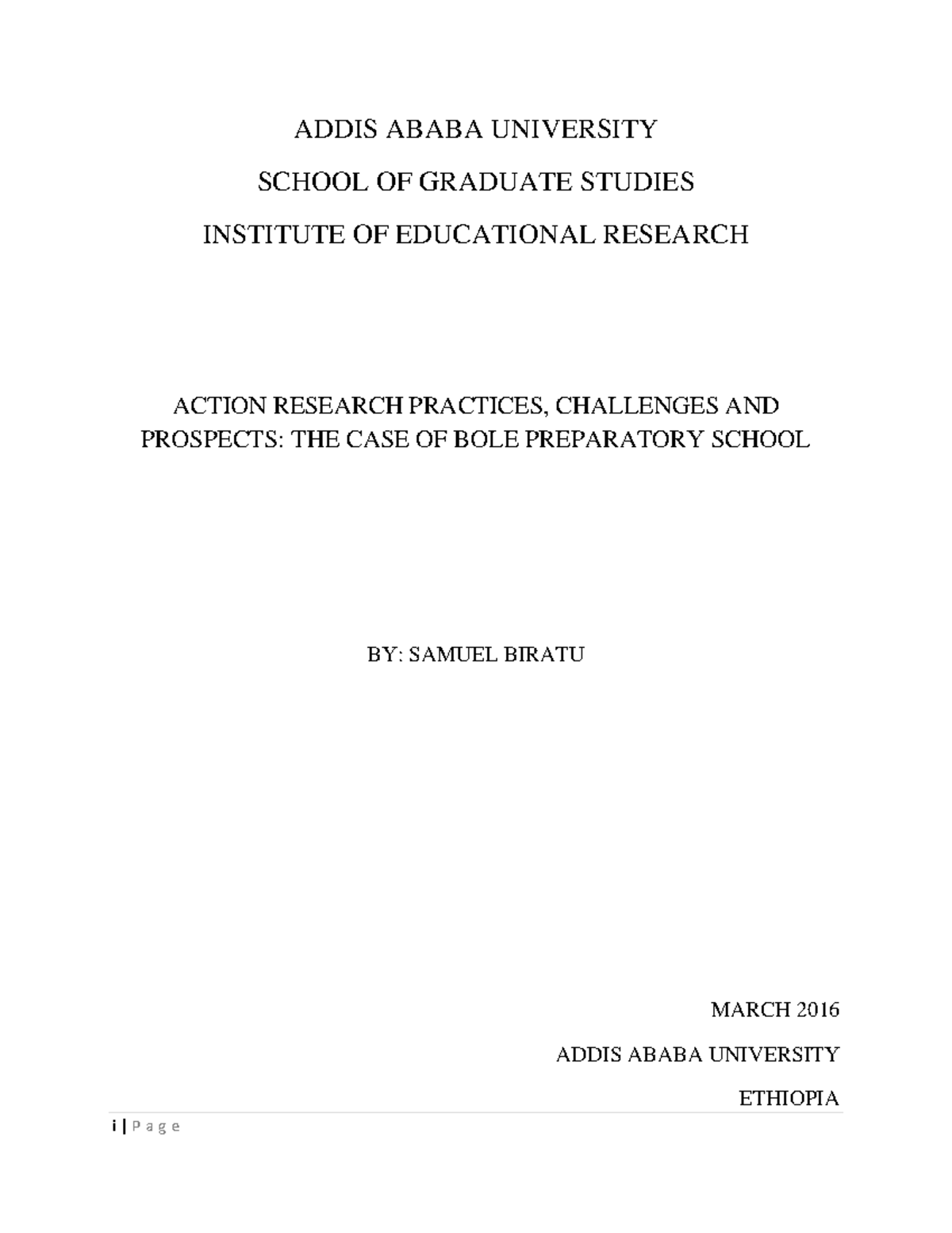 Samuel Biratu - HDP - i | P a g e ADDIS ABABA UNIVERSITY SCHOOL OF ...