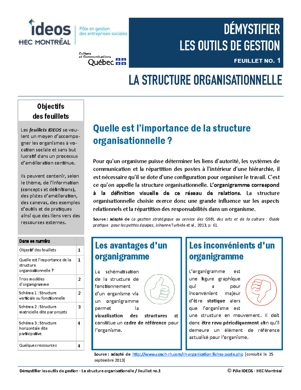 Structure organisationnelle - Objectifs des feuillets Les feuillets ...