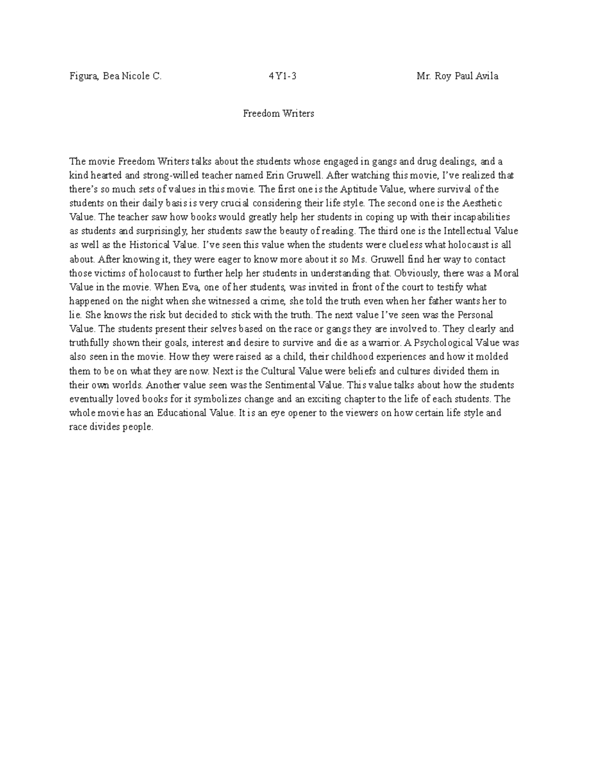 Freedom Writer Essay - Figura, Bea Nicole C. 4Y1-3 Mr. Roy Paul Avila ...