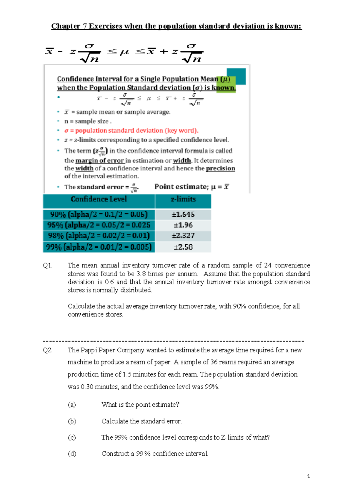 Chapter 7 - Homework Questions - Chapter 7 Exercises when the population standard deviation is ...