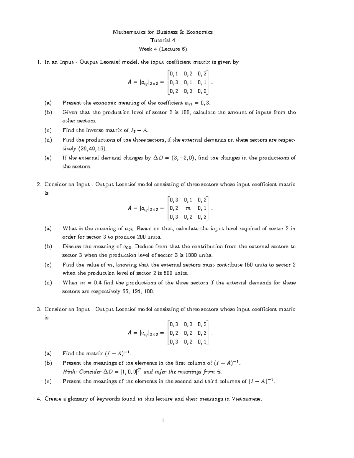 Tutorial 4 - useful - Mathematics for Business & Economics Tutorial 4 ...