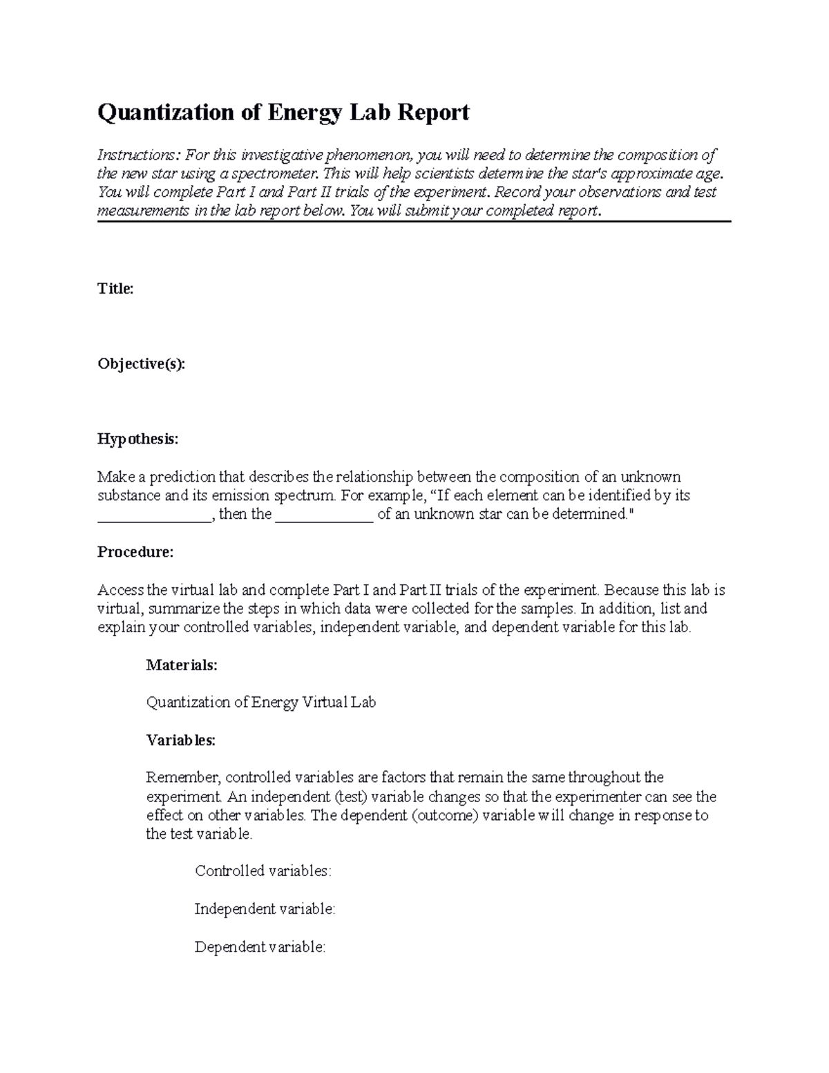 Quantization energy lab report - Quantization of Energy Lab Report ...