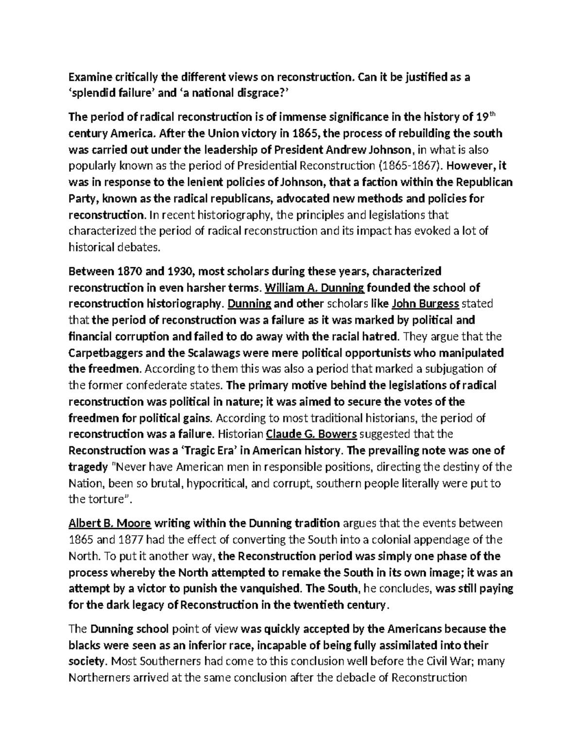 US History - Interpretation of Reconstruction - Examine critically the ...