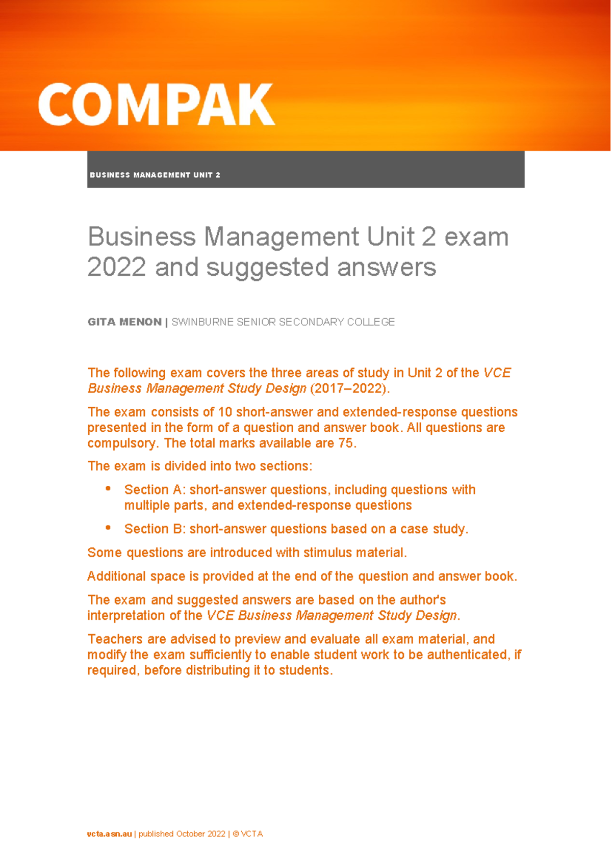 PRAC A Unit 2 Exam with Solutions - BUSINESS MANAGEMENT UNIT 2 Business ...