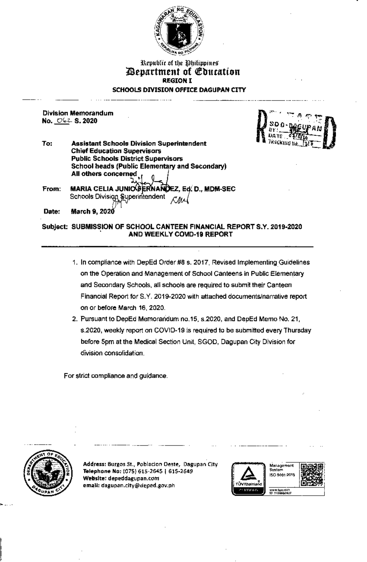 DIV MEMO NO 062 Submission OF School Canteen Financial Report S