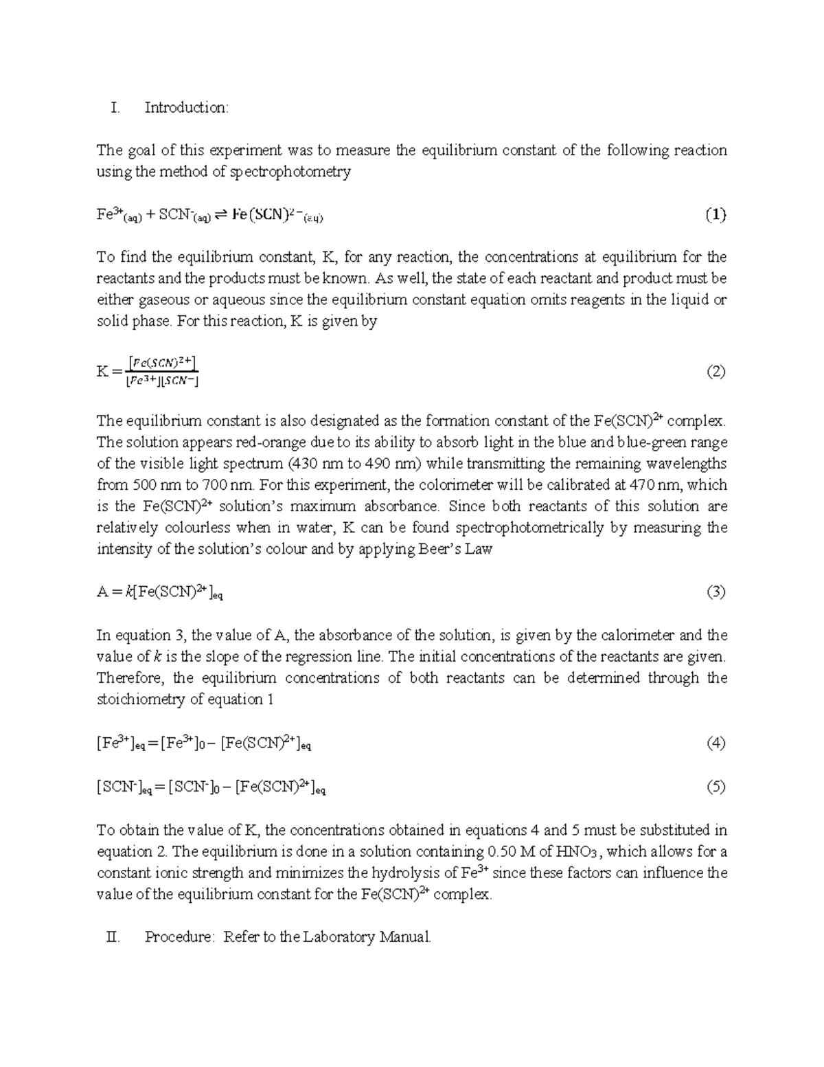 Chemical Equilibrium 1 : The Equilibrium Constant Lab - I. Introduction ...