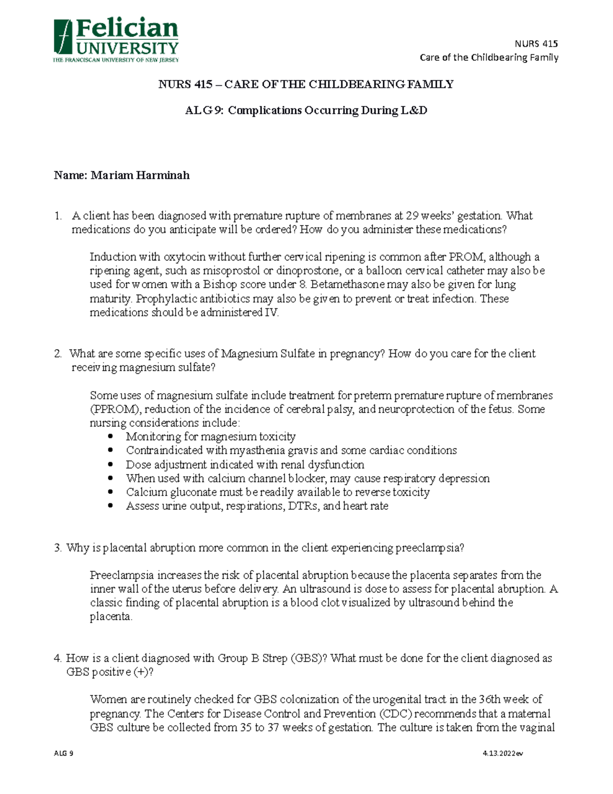 Active Learning Guide - Module 9 - NURS 415 Care of the Childbearing ...