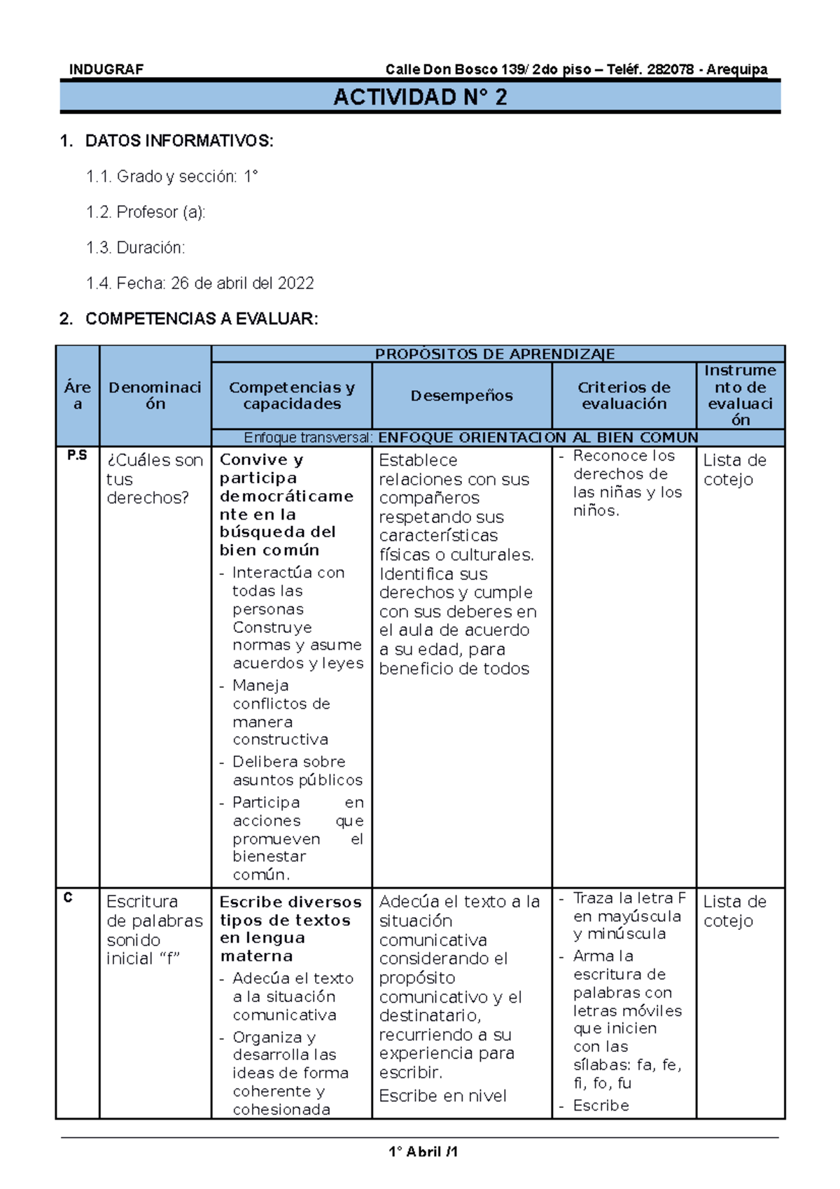 1° Grado - Actividad DEL DIA 26 DE Abril - ACTIVIDAD N° 2 1. DATOS ...
