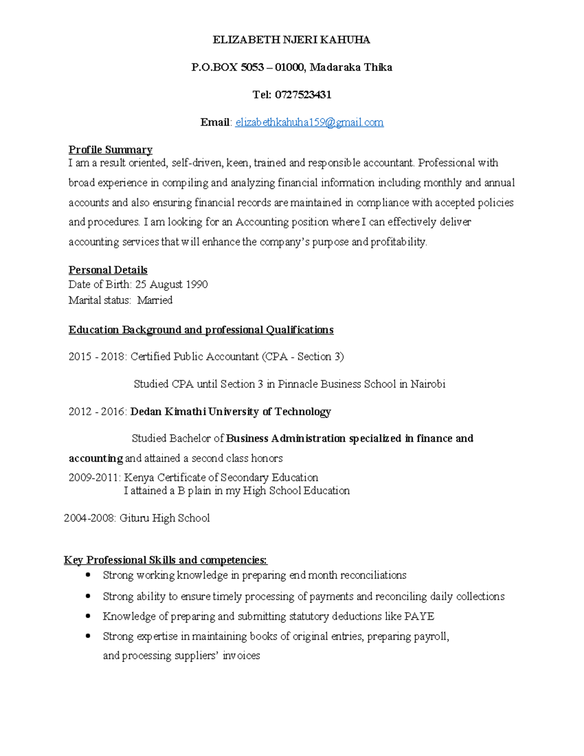Elizabeth Njeri Kahuha updated Resume Gituru - ELIZABETH NJERI KAHUHA P ...