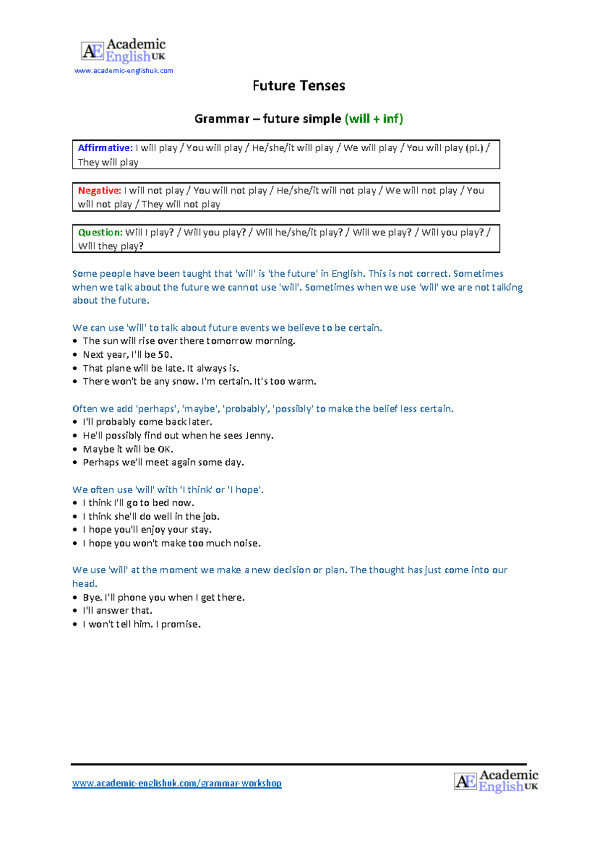 Future-Tenses - Repaso de oraciones en futuro - Future Tenses Grammar ...