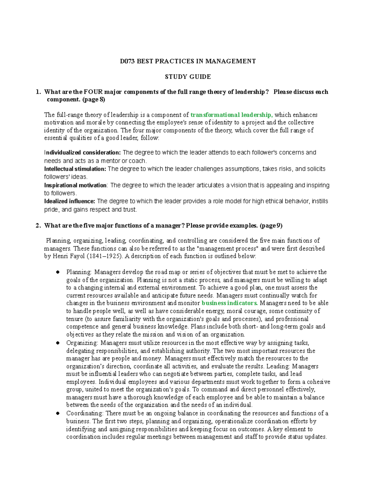 D073 Study Guide - D073 BEST PRACTICES IN MANAGEMENT STUDY GUIDE 1 ...