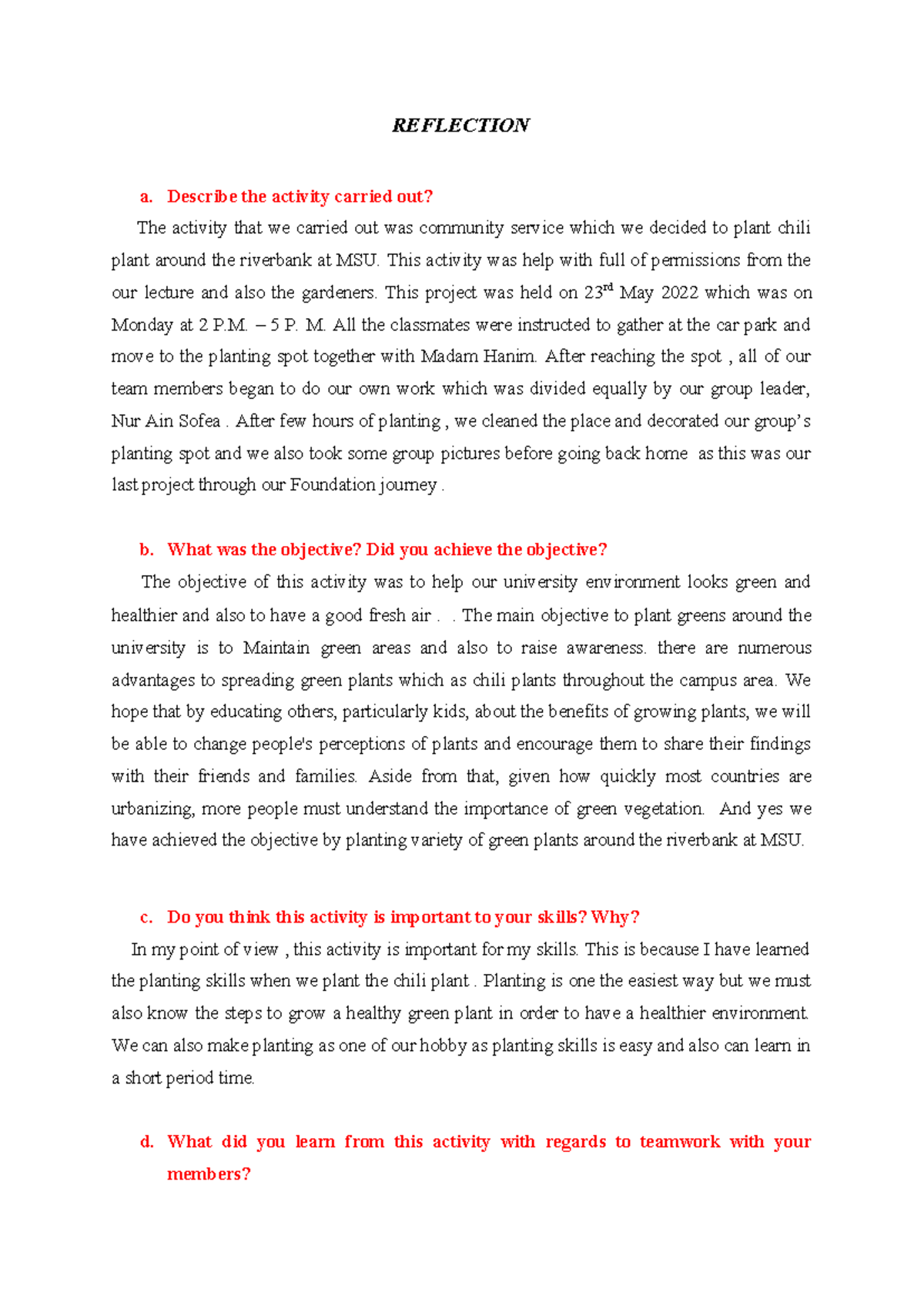 Reflection - COCU - summary - REFLECTION a. Describe the activity ...