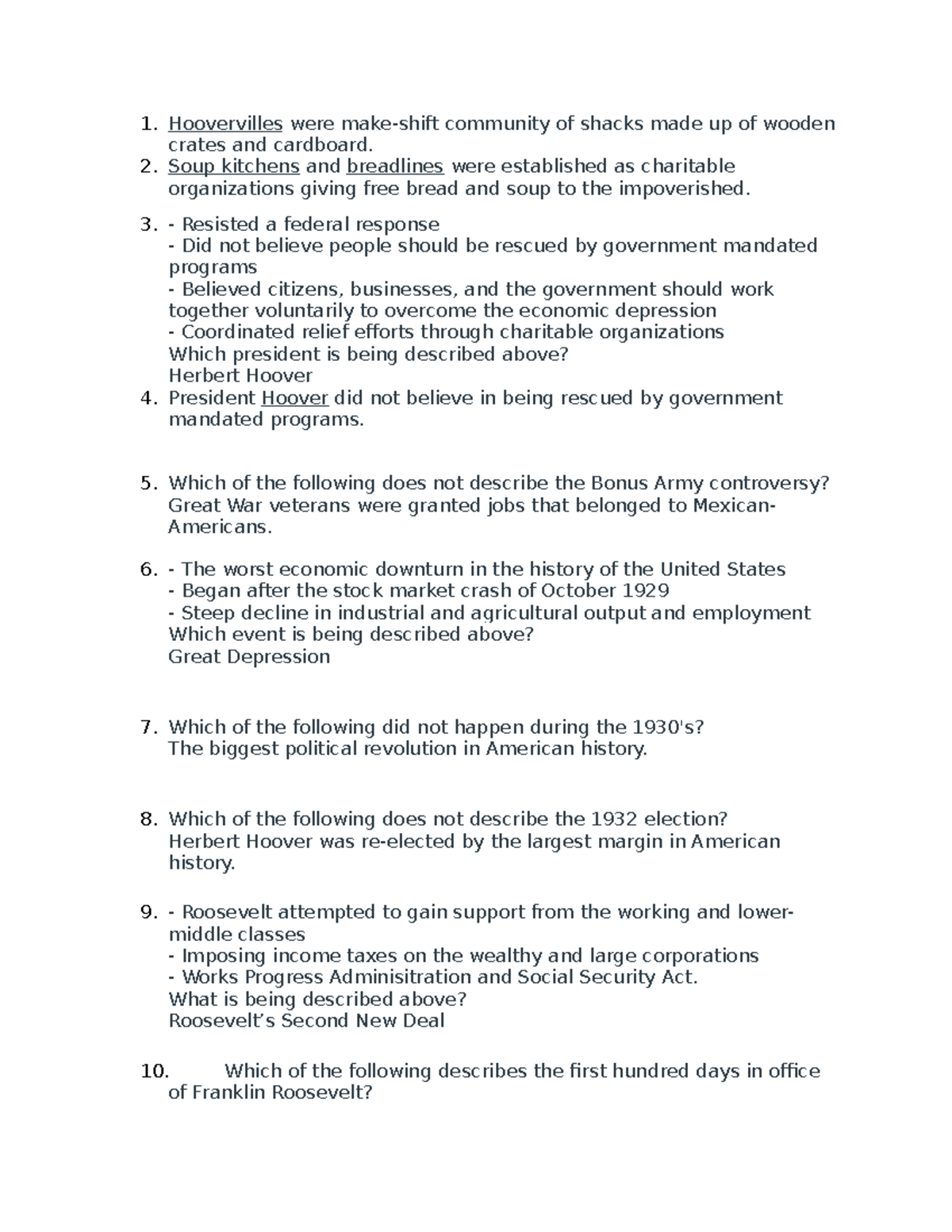 United States History Weekly Quiz 8 - Hoovervilles were make-shift ...