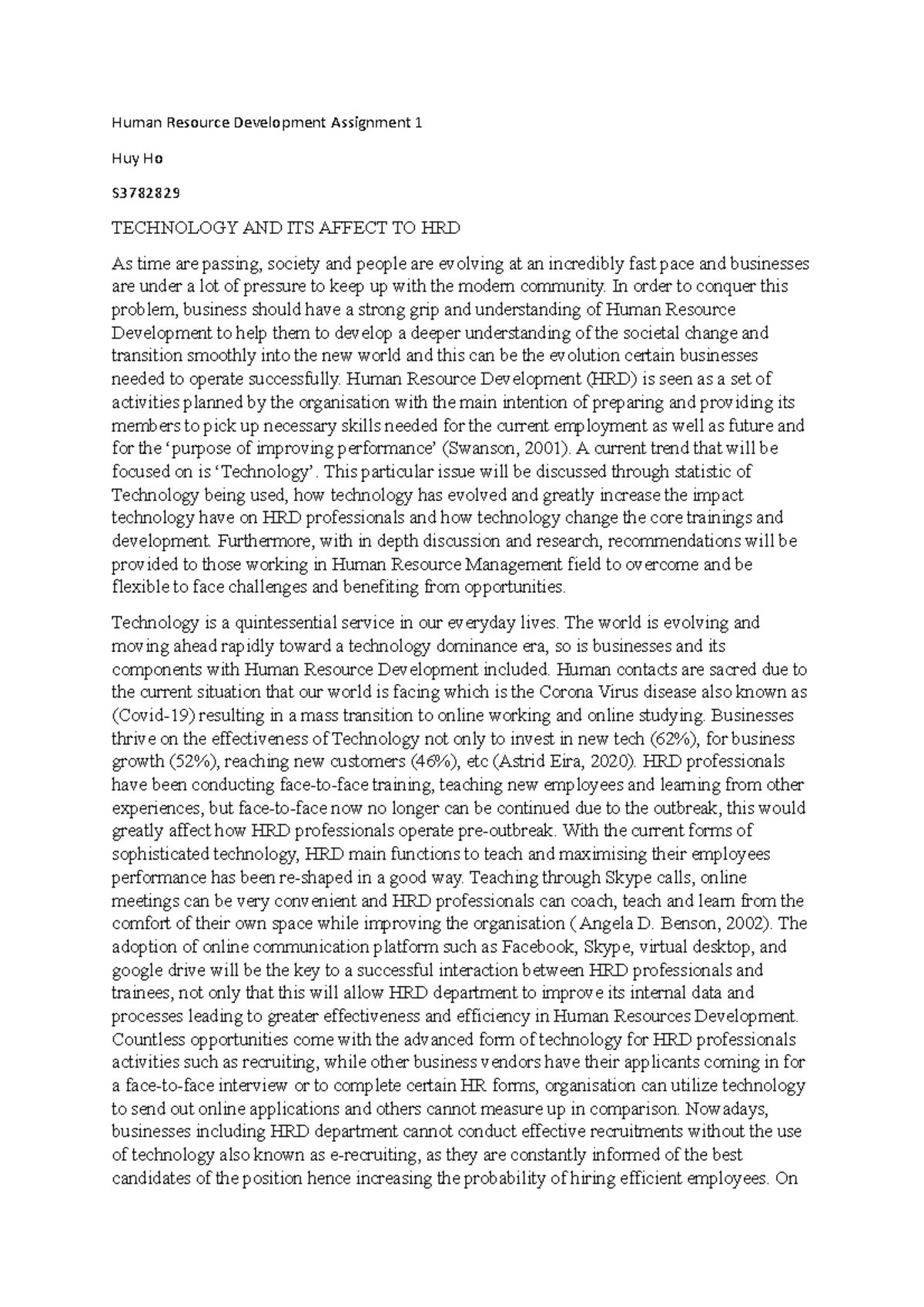 HRD Assignment 1-Huy Ho-s3782829 - Human Resource Development ...