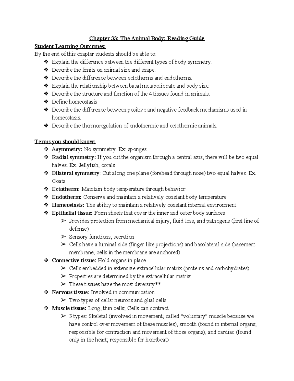 Biology Exam #4 Chapter 33-37 - Chapter 33: The Animal Body: Reading ...