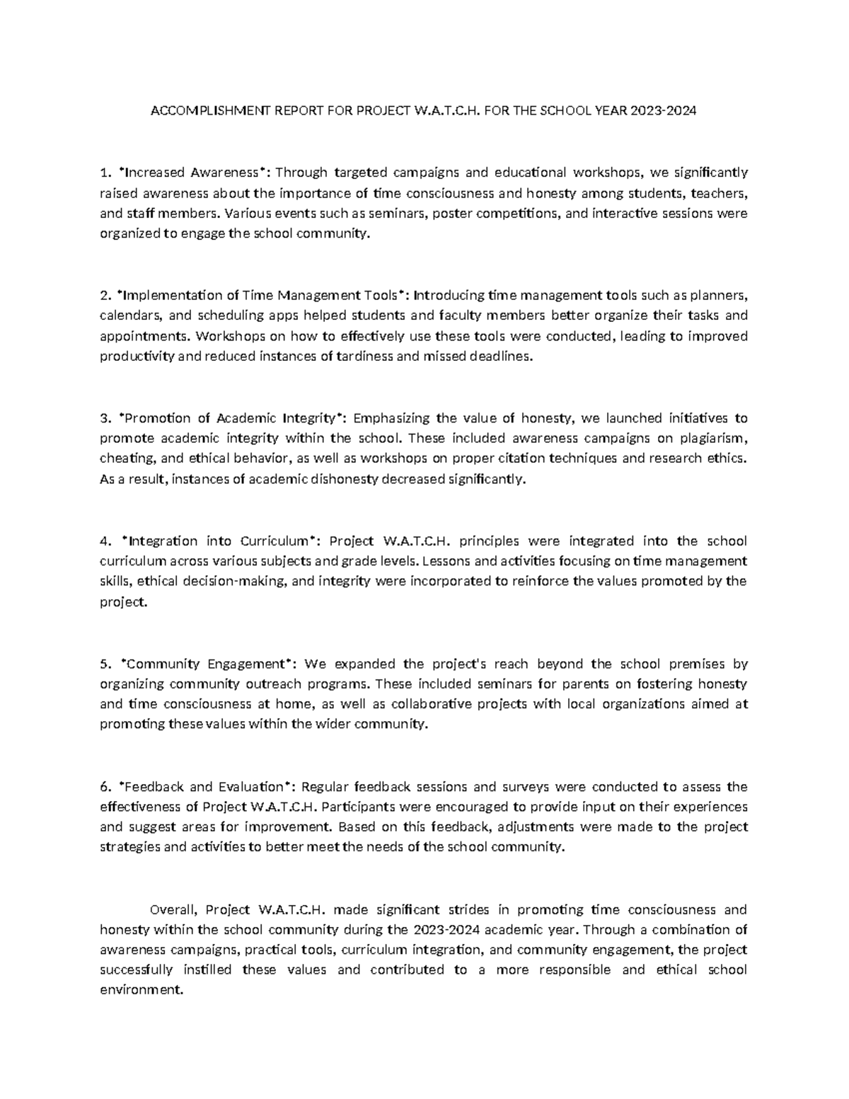 AR Project Watch - research - ACCOMPLISHMENT REPORT FOR PROJECT W.A.T.C ...