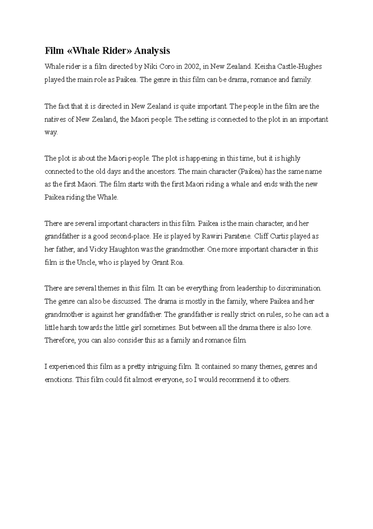 Analysis of Whale Rider - Film «Whale Rider» Analysis Whale rider is a ...