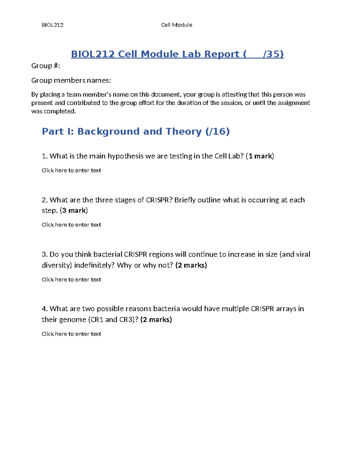 Cell Lab Report - BIOL212 Cell Module Lab Report ( /35) Group #: Group ...