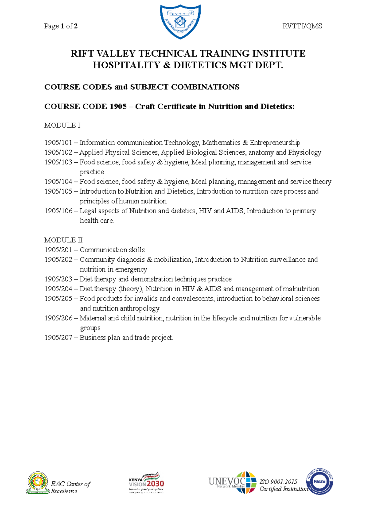 HDM Nutrition course codes - EAC Center of Excellence ISO 9001 ...