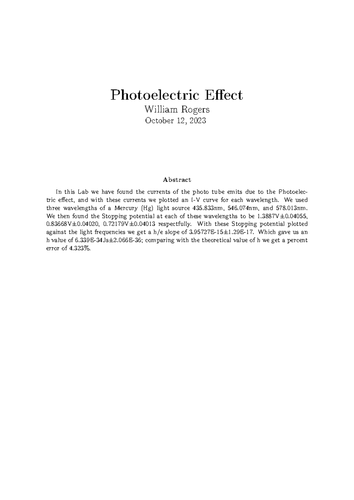 Photoelectric Effect - Photoelectric Effect William Rogers October 12 ...