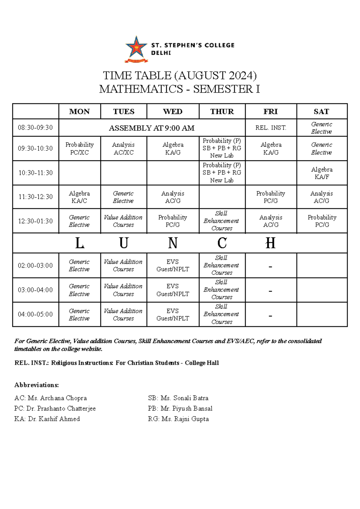 1MAT 1a - This is the timetable of the course - TIME TABLE (AUGUST 2024 ...