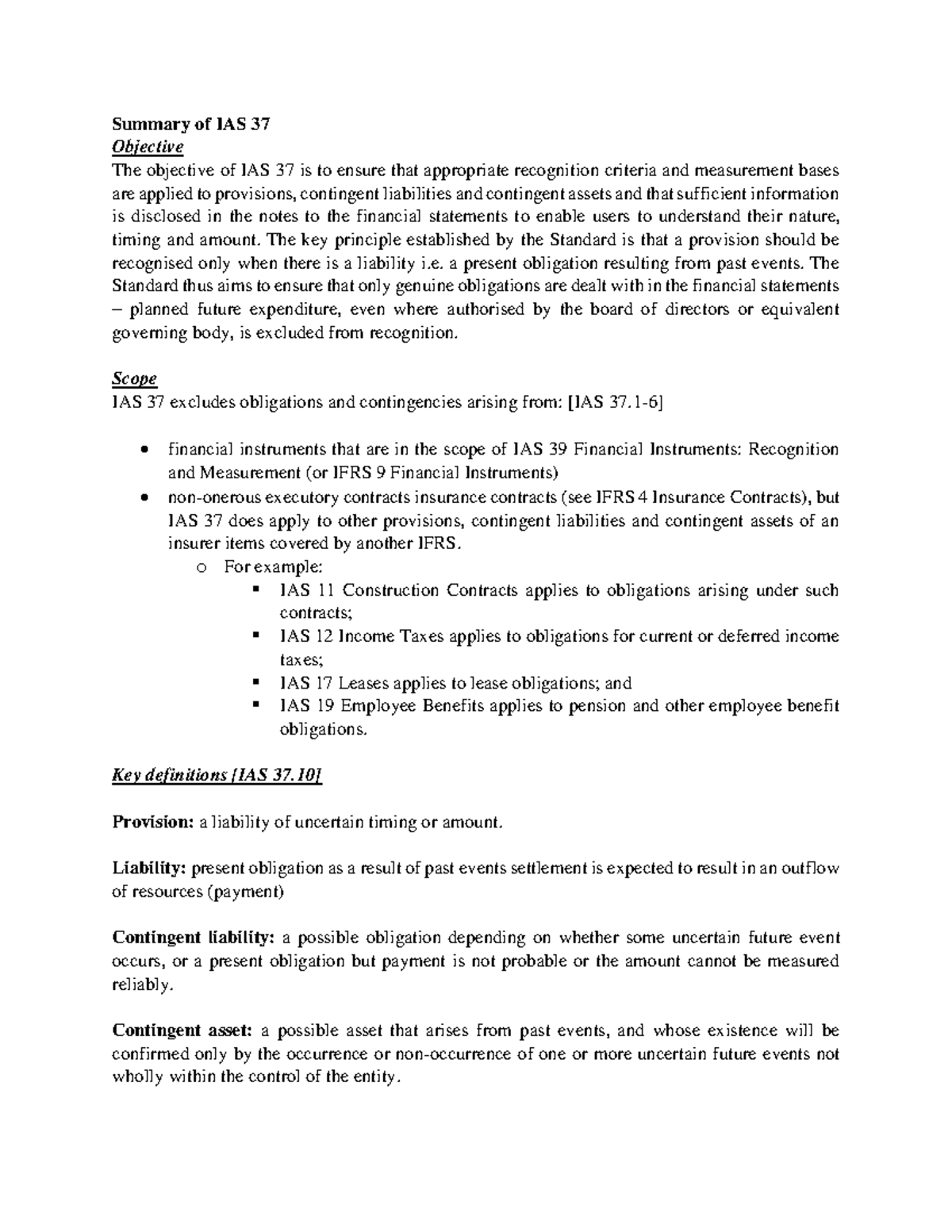 IAS 37 Summary - Summary of IAS 37 Objective The objective of IAS 37 is ...