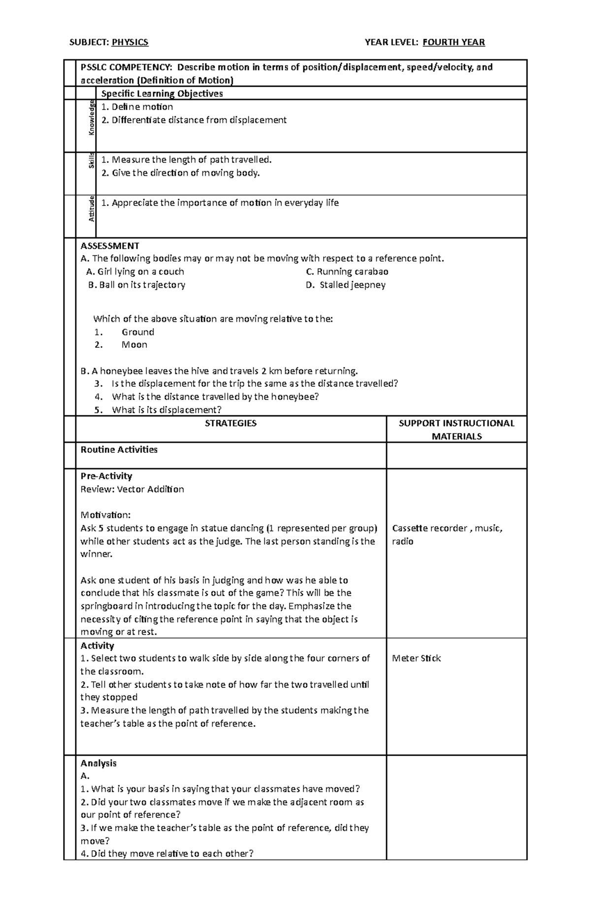 LP1 Motion - Lesson Plan - SUBJECT: PHYSICS YEAR LEVEL: FOURTH YEAR ...