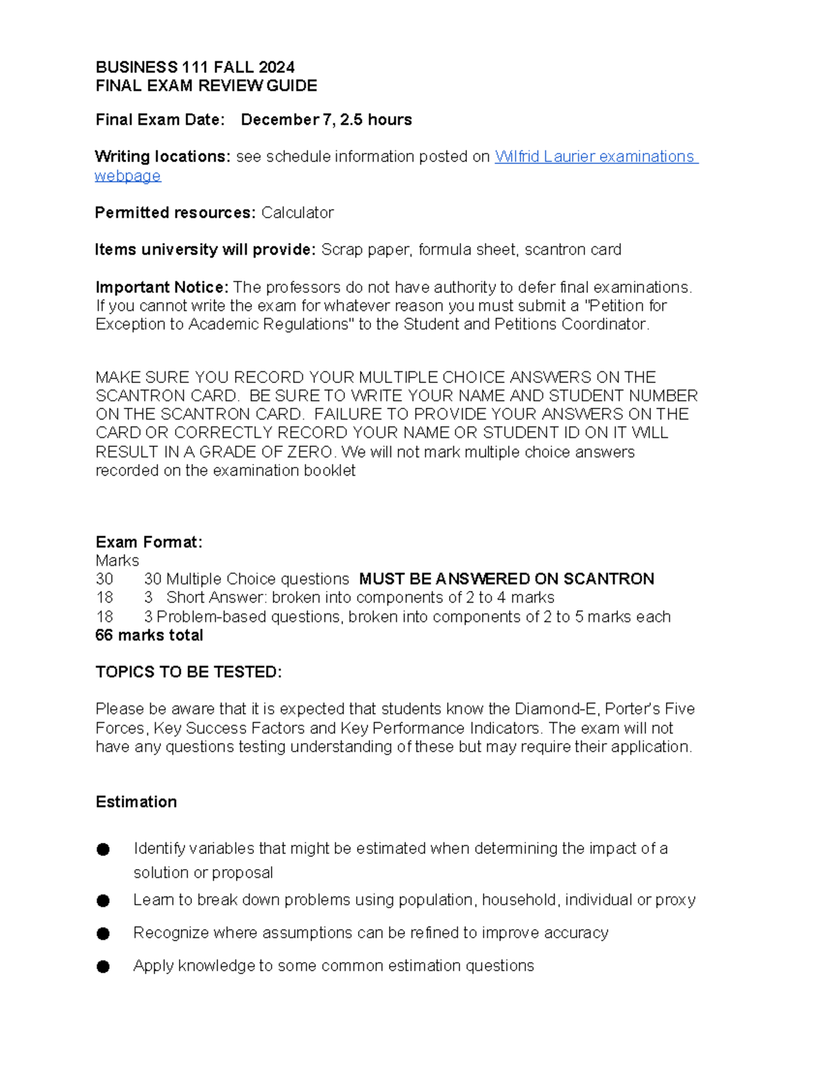 BU 111 Final Exam Review Guide - BUSINESS 111 FALL 2024 FINAL EXAM REVIEW GUIDE Final Exam Date ...